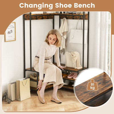 COSTWAY Corner Garment Rack L-shaped Clothes Rack w/ 7 Hooks Shoe Bench