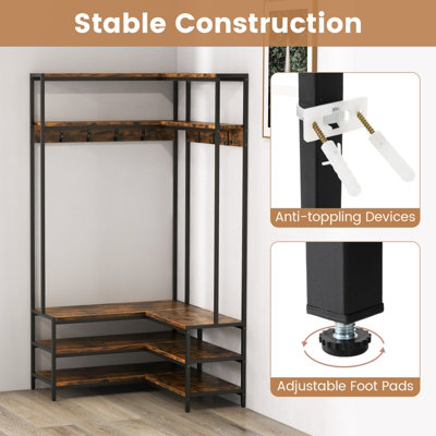 COSTWAY Corner Garment Rack L-shaped Clothes Rack w/ 7 Hooks Shoe Bench
