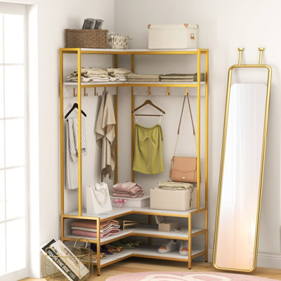 COSTWAY Corner Garment Rack L-shaped Clothes Rack w/ 7 Hooks Shoe Bench