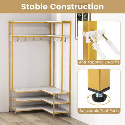 COSTWAY Corner Garment Rack L-shaped Clothes Rack w/ 7 Hooks Shoe Bench