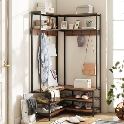 COSTWAY Corner Garment Rack L-shaped Clothes Rack w/ 7 Hooks Shoe Bench