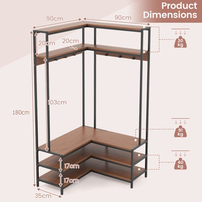 COSTWAY Corner Garment Rack L-shaped Clothes Rack w/ 7 Hooks Shoe Bench