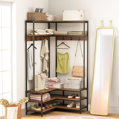 COSTWAY Corner Garment Rack L-shaped Clothes Rack w/ 7 Hooks Shoe Bench