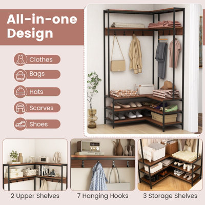 COSTWAY Corner Garment Rack L-shaped Clothes Rack w/ 7 Hooks Shoe Bench
