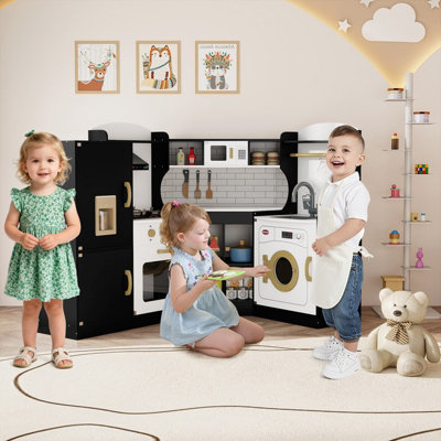COSTWAY Corner Play Kitchen Toddler Kitchen Playset with Range Hood-Black