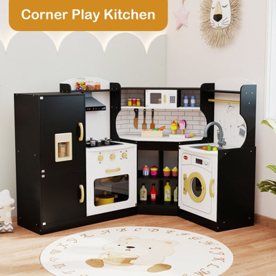 COSTWAY Corner Play Kitchen Toddler Kitchen Playset with Range Hood-Black