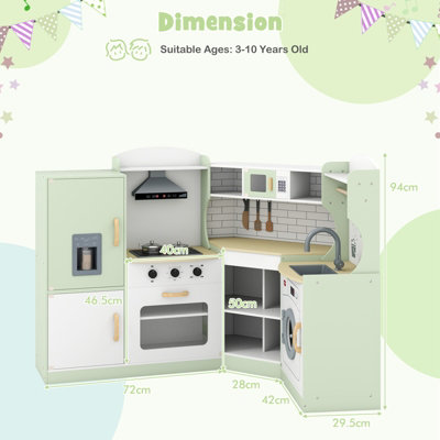 COSTWAY Corner Play Kitchen Toddler Kitchen Playset with Range Hood-Green