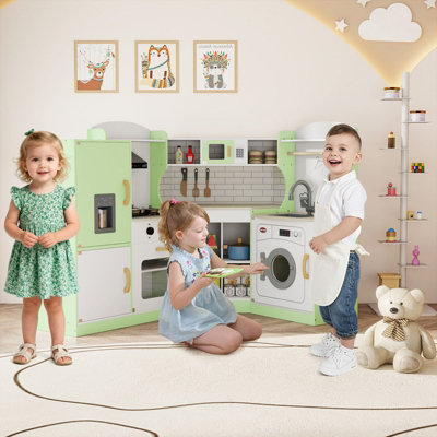 COSTWAY Corner Play Kitchen Toddler Kitchen Playset with Range Hood-Green