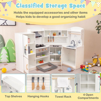 Costway Corner Play Kitchen Toddler Kitchen Playset Wooden Toy Kitchen ...