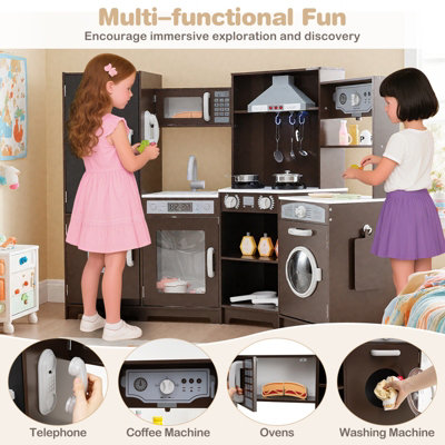 COSTWAY Corner Wooden Play Kitchen Large Pretend Play Kitchen Set-Coffee