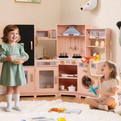 COSTWAY Corner Wooden Play Kitchen Large Pretend Play Kitchen Set-Pink