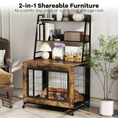 COSTWAY Dog Crate Furniture Industrial Dog Kennel with Storage Shelves ...
