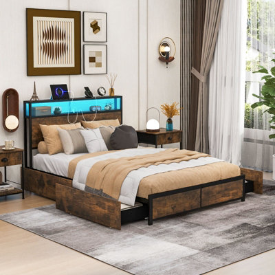 Costway Double Size Bed Frame Metal Bed Platform LED Light Headboard 4 Storage Drawers