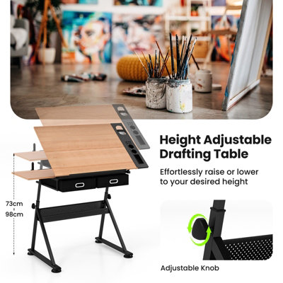 Costway Drafting Table with Stool Height Adjustable Drawing Desk with Tilting Tabletop