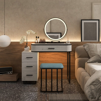 Costway Dressing Table Vanity Set Makeup Stool w Charging Station 3 Color Lighted Swivel Mirror