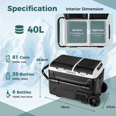 COSTWAY Dual Zone 12V Car Refrigerator 42QT (40L) Compressor Fridge ...