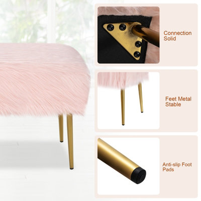 Costway Faux Fur Vanity Stool Square Furry Ottoman Seat w/ Golden Metal ...