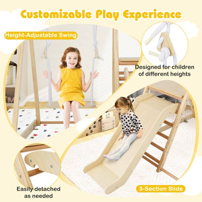 COSTWAY Foldable Wooden Climbing Toys with Swing & Slide Indoor Kids ...