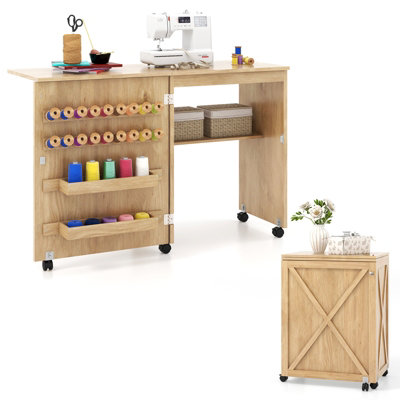 COSTWAY Folding Sewing Table Compact Craft Cabinet with 5 Lockable Wheels