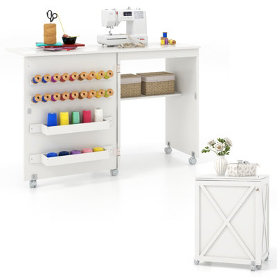 COSTWAY Folding Sewing Table Compact Craft Cabinet with 5 Lockable Wheels
