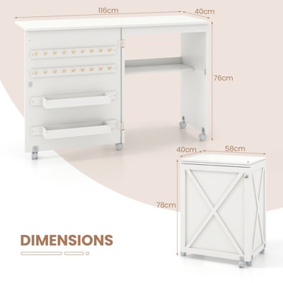 COSTWAY Folding Sewing Table Compact Craft Cabinet with 5 Lockable Wheels