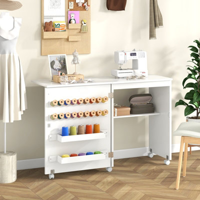 COSTWAY Folding Sewing Table Compact Craft Cabinet with 5 Lockable Wheels