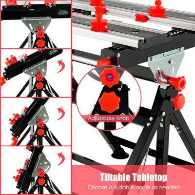 COSTWAY Folding Work Table Portable Workbench with Tiltable Platform-Red