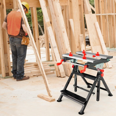 COSTWAY Folding Work Table Portable Workbench with Tiltable Platform-Red
