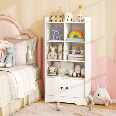 COSTWAY Freestanding Bookcase w/ 2 Storage Cabinets & 5 Cubbies Floor ...