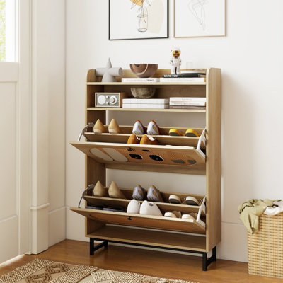 COSTWAY Freestanding Shoe Organizer Shoe Cabinet w/2 Flip Drawers-Natural