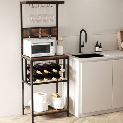 Costway Freestanding Wine Rack Floor Wine Bar Cabinet w/ Glass Racks-Brown
