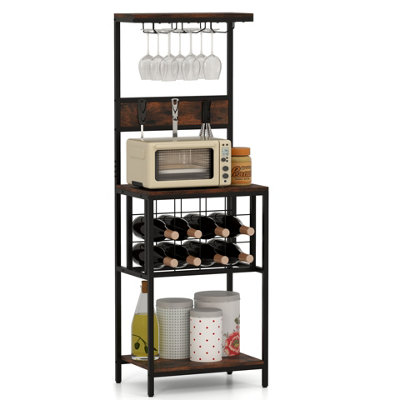 Costway Freestanding Wine Rack Floor Wine Bar Cabinet w/ Glass Racks-Brown