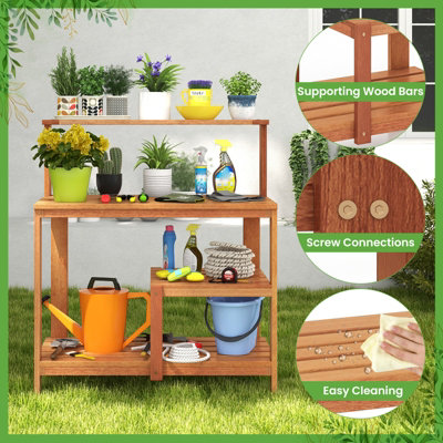 COSTWAY Garden Potting Bench Table with Open Shelves Patio Horticulture ...