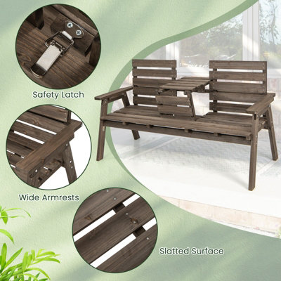 Costway Garden Wood Bench w/ Foldable Middle Table Outdoor 2-3 Person ...