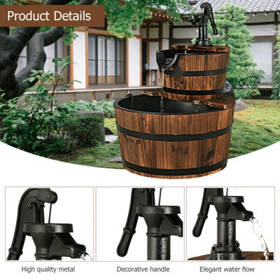 COSTWAY GARDEN WOODEN BARREL FOUNTAIN 2 FLOORS WATER FEATURE W/PUMP