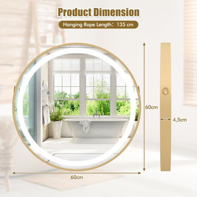 COSTWAY Hanging Bathroom Mirror 60 cm Round Wall Mirror w/ 3 Colors LED ...