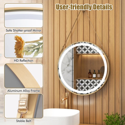 COSTWAY Hanging Bathroom Mirror 60 cm Round Wall Mirror w/ 3 Colors LED ...