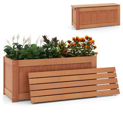 COSTWAY Hardwood Outdoor Planter Box w/ Seat Elevated Garden Bed & Bench