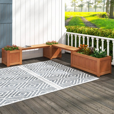 COSTWAY Hardwood Outdoor Planter Box w/ Seat Elevated Garden Bed & Bench