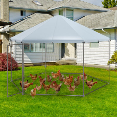 Costway Hexagonal Metal Chicken Coop Chicken Run House Spire-shaped ...