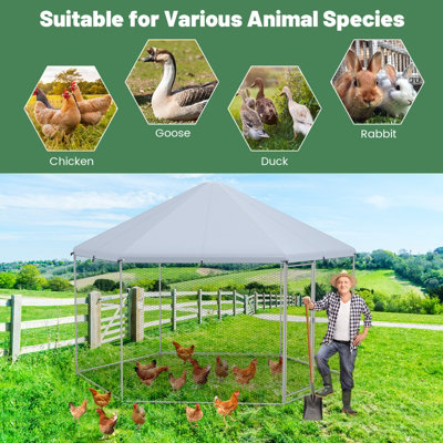 Costway Hexagonal Metal Chicken Coop Chicken Run House Spire-shaped ...