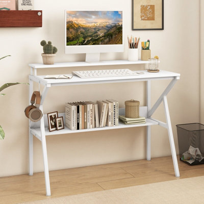 Costway Home Office Desk Space Saving Computer Desk w/ Monitor Stand-White