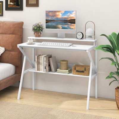 Costway Home Office Desk Space Saving Computer Desk w/ Monitor Stand-White