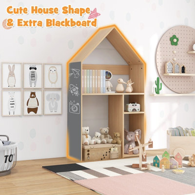 Costway House-Shaped Table and Chair Set Kids Wooden w/ Cabinet Blackboard