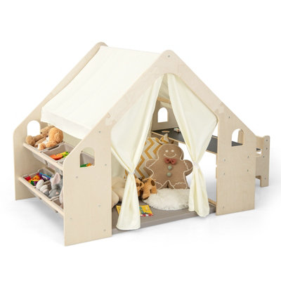 Costway Indoor Large Play Tent Wooden Frame Kids Playhouse W/ Desk ...