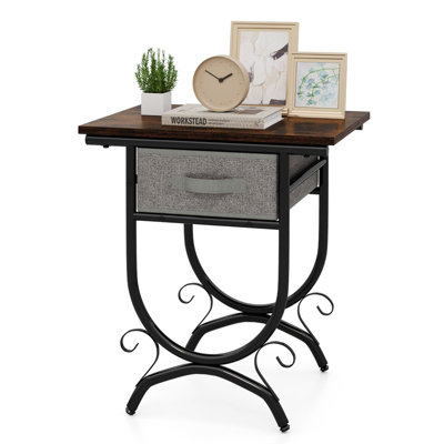 Costway Industrial 2-tier Bedside Table Nightstand w/ Fabric Drawer-Brown