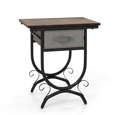 Costway Industrial 2-tier Bedside Table Nightstand w/ Fabric Drawer-Brown
