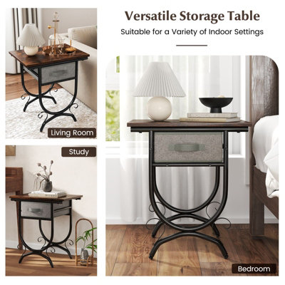 Costway Industrial 2-tier Bedside Table Nightstand w/ Fabric Drawer-Brown