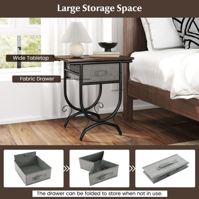 Costway Industrial 2-tier Bedside Table Nightstand w/ Fabric Drawer-Brown