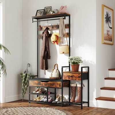 COSTWAY Industrial Hall Tree with Shoe Storage Bench Freestanding Coat Rack